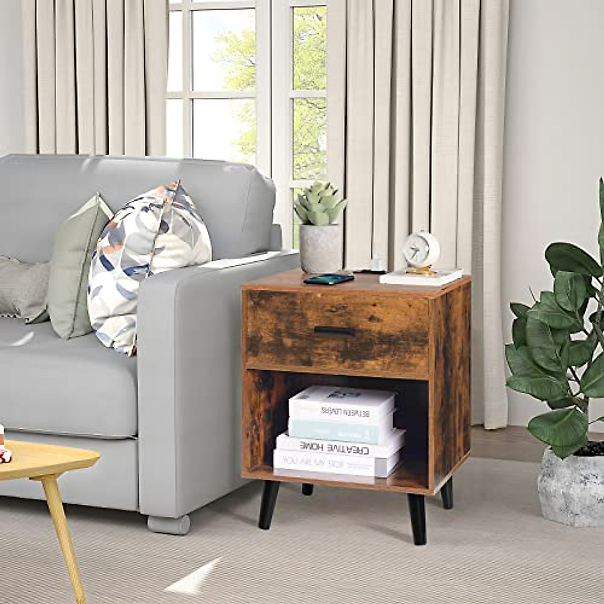 Quimoo Nightstand Set of 2 with Charging Station. Bedside Table with 1 Drawer and 1 Open Storage Space for Bedroom, Rustic Brown