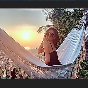 Handmade Boho Large Brazilian Fringed Macramé Double Deluxe Hammock Swing Bed with Carry Bag for Bedroom,Yard,Beach,Patio,Indoor,Outdoor & Wedding Party Decor, 95" Lx 62" W (White)