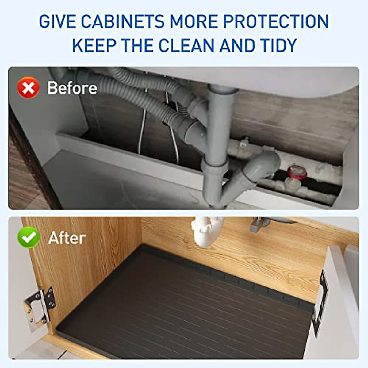 WOJIUBUXIN Under Sink Mat for Kitchen Waterproof 34" x 22" Flexible Silicone Sink Protector Mat for 36" Cabinet Black Kitchen Under Sink Drip Tray with Unique Drain Hole,Hold up to 3.3 Gallons Liquid