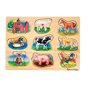 Melissa & Doug Farm Sound Puzzle - Wooden Peg Puzzle With Sound Effects (9 pcs)