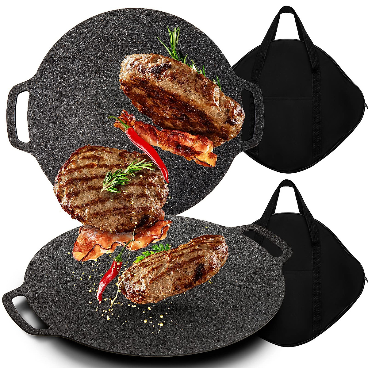 2 Pcs Korean BBQ Grill Pan 6 Layer Coating Non Stick Grill Round Griddle Pan with 2 Pcs Cover Bag for Gas Open Fire Camping Home Outdoor Stoves, Circular Size 13 Inches