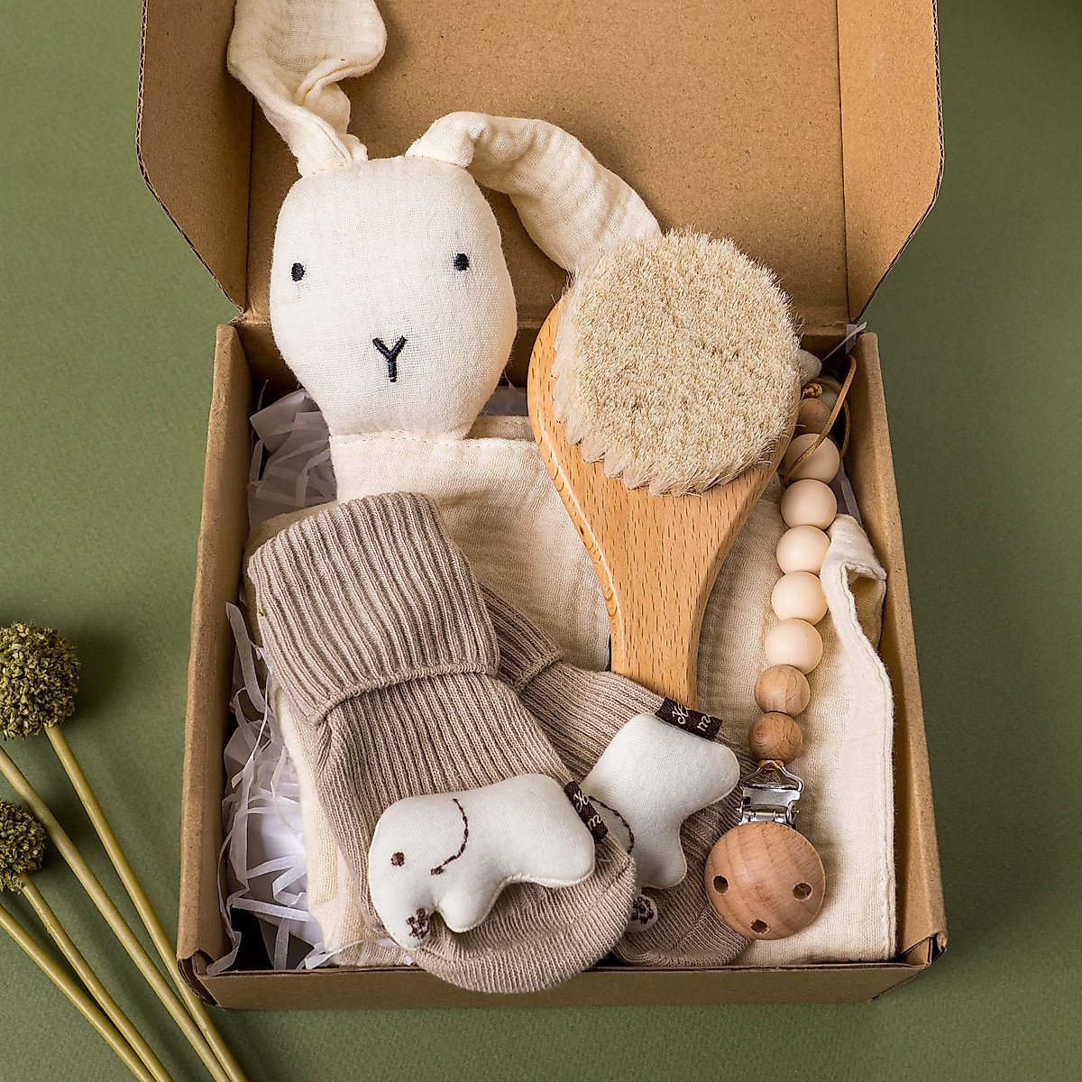 Baby Gift, Baby Baptism Gift, Newborn Baby Gift Set for Boy, Girl or Gender Neutral, Baby Shower with 4 PCS- Brush, Lovey Blanket, Baby Socks and Silicone Pacifier Clip