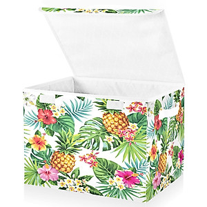 DIGTIA Tropical Pineapple Floral Storage Bins with Lids Large Palm Leaves Summer Storage Basket with Handles Foldable Fabric Storage Box Organizer for Clothes Toys Closet Cabinet Home Office Bedroom
