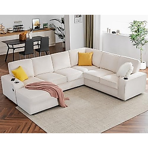PaPaJet U Shaped Sofa, 7 Seater Sofa with USB Ports, Sectional Sofa Couch with Storage Chaise, Corduroy Beige
