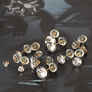 DORO KIMI 14k real solid Yellow Gold white cz Stud chunky Earrings for women Cubic Zirconia with 14k gold silicone earring flat backs (8mm)