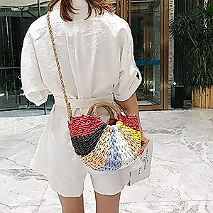 QTKJ Women Summer Retro Straw Tote Bag Hand-woven Colorful Boho Shoulder Bag Crossbody Bag Round Handle Beach Handbags