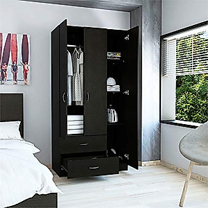 Tuhome Austral 3 Door Armoire with Drawers, Shelves, and Hanging Rod, Black Wenge