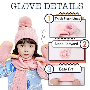 Kids Winter Hat Scarf Mittens Set Toddler Knitted Beanie Girls Fleece Children Neck Warmer Boys Warm Gloves 2-7 Years (Light Pink)