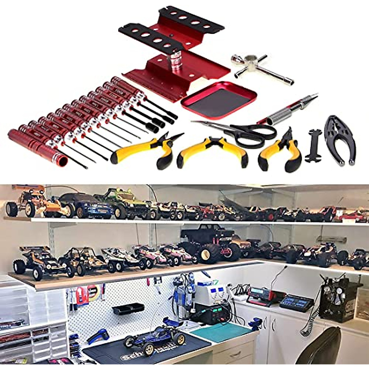 RC Car Tool Kit 25Pcs Hex Nut Drivers Phillips Screwdriver Stand Pliers, Wrench, Reamer, Repair Tools for Rc Car DJI Drone Traxxas Boat Quadcopter Drone Helicopter Airplane (Red)