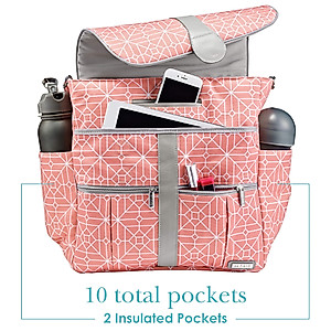 JJ Cole - Backpack, Gender Neutral Large Capacity Diaper Bag, Multifunctional, Stylish, with Stroller Clips and Changing Pad, Coral Tile