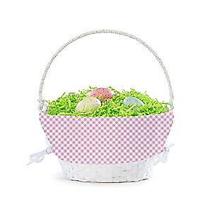 Personalized Easter Egg Basket with Handle and Custom Name | Pink Gingham Easter Basket Liners | White Basket | Woven Easter Baskets for Kids and Adults | Customized Easter Basket | Gift for Easter