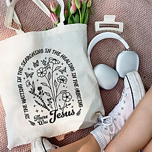 Haukea Canvas Bible Tote Bag Aesthetic for Women Cute Flower Butterfly Christian Gifts Tote Bags with Zipper Pockets Graphic Church Bag