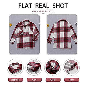 ZOLUCKY Women Flannel Shacket Plaid Button Down Shirt Lapel Collar Long Sleeve Oversized Blouse Top, Red and White Small