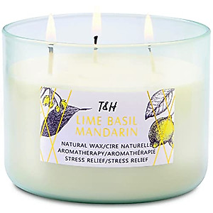 Lime Basil Mandarin 3 Wick Scented Candle with Sandalwood, Ginger & Sage | Natural Stress Relief Aromatherapy Candle 15.8 oz | Strong Scented Soy Candles for Home | Spring Candles for Men & Women
