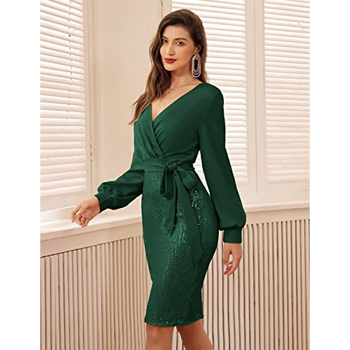 GRACE KARIN Women's Pencil Midi Dress Long Sleeve Elegant Casual Knee Length Wrap Dresses Atrovirens L