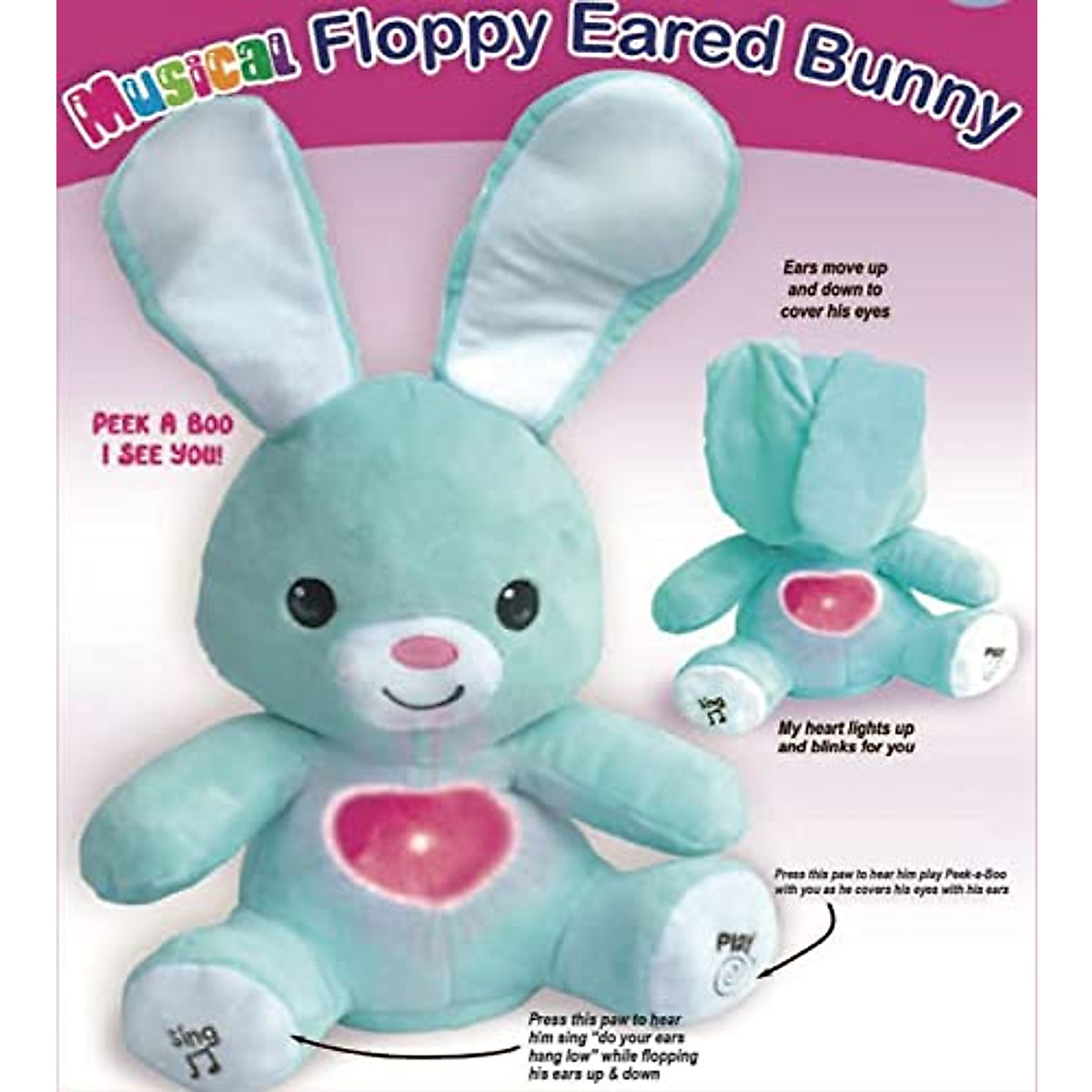 POMPIN Plush Peek A Boo Singing Bunny with Light Up Heart | Easter Bunny Toy | Plays Peek-A-Boo & Sings Do Your Ears Hang Low? | Easter Bunny Gift