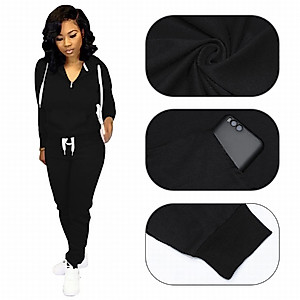 CLOCOR 2 Piece Outfits for Women - Casual 2 Piece Sweatsuit Pocket Tracksuit Long Sleeve with Patchwork Pants Set Black-1-L