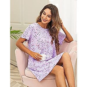 ENJOYNIGHT Sleepwear Women's Nightgown Printed Sleep Shirt Short Sleeve Sleep Tee Cotton Nightshirt (Purple,1X-2X)