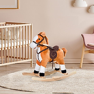 Qaba Kids Plush Toy Rocking Horse Ride on with Realistic Sounds - Brown