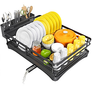 Dish Drying Rack for Kitchen Counter - Large Dish Rack with Drainboard, Rustproof Dish Drainer with Utensil Holder for Sink, Black