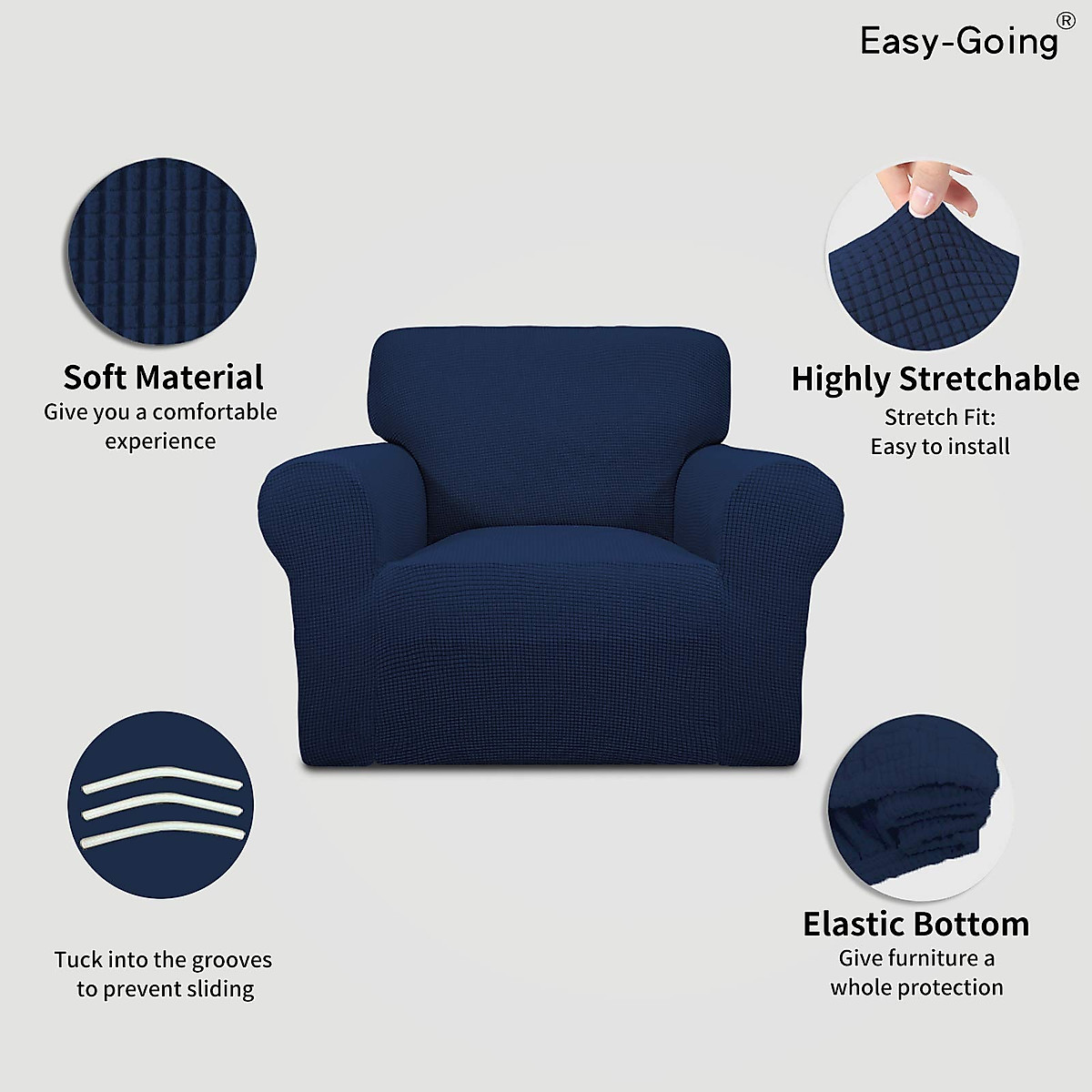 Easy-Going Stretch Chair Sofa Slipcover 1-Piece Couch Sofa Cover Furniture Protector Soft with Elastic Bottom for Kids, Pet. Spandex Jacquard Fabric Small Checks (Chair, Navy)
