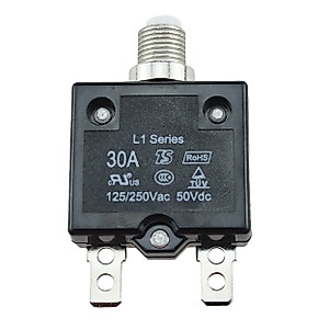 ZOOKOTO 2PCS 30A DC50V AC125-250V Push Button Reset Circuit Breakers with Quick Connect Terminals and Waterproof Button Black Cap