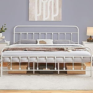 Topeakmart California King Size Victorian Style Metal Bed Frame with Headboard/Mattress Foundation/No Box Spring Needed/Under Bed Storage/Strong Slat Support White