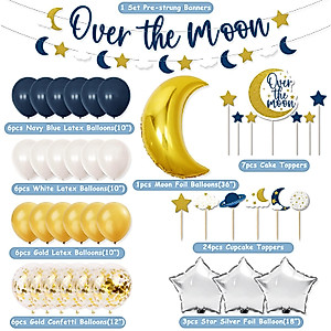 Sinasasspel Over the Moon Baby Shower Decorations Space Party Banner Moon Star Cake Cupcake Toppers Navy Blue Gold Balloons for Twinkle Twinkle Little Star Outer Space First Birthday Supplies