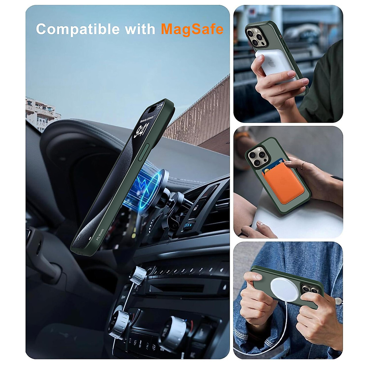 PTz Worlds for iPhone 14 Pro Case 6.1” - Strong Magnetic Cases for iPhone 14 Pro, Matte Army Green Compatible with MagSafe, Military Grade Drop Protection, Ultra Thin, Shockproof, Slim Fit