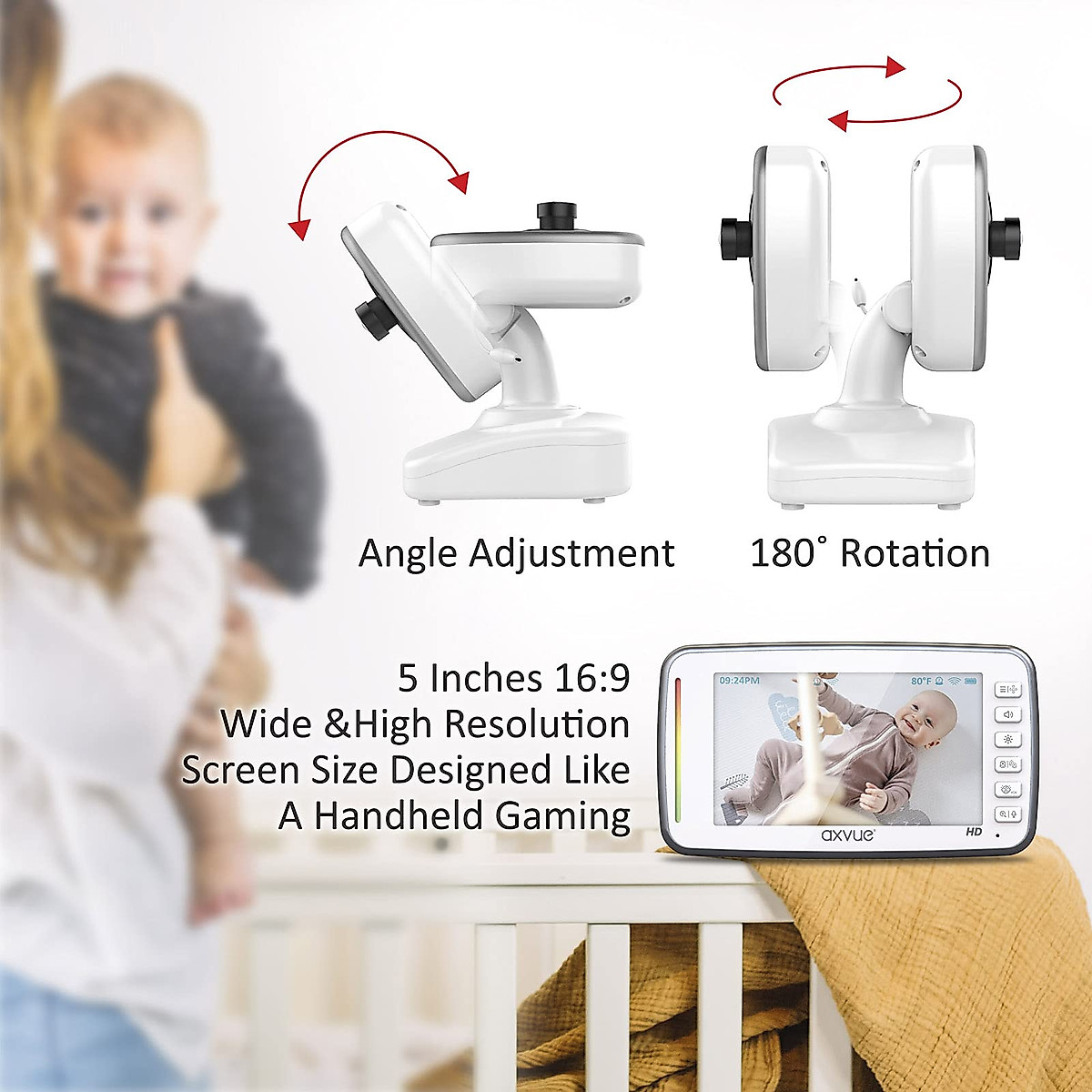 AXVUE HD Video Baby Monitor, 720P HD Image Quality, 5.0" IPS Screen Monitor & 2 Camera, Range up to 1000ft, 24 Hour Battery Life, 2-Way Talk, Split Screen, Night Vision, Temperature Monitor, No WiFi.