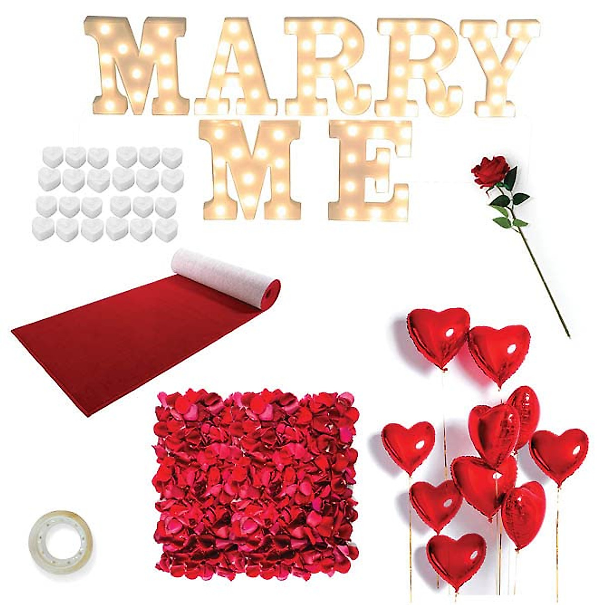 Proposal Decorations Kit, Marry Me Light Up Letters, 2000 Rose Petals, 24 Heart Shaped Romantic Candles, Red Carpet Aisle Runner 16 Feet, 10 Red Heart Balloons, 1 Engagement Rose Ring Box