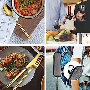 AARAINBOW Portable Travel Utensils with Case, 3 Pcs Heavy Duty Stainless Steel Cutlery Set Reusable Flatware Personal Silverware Set Include Fork Spoon Knife for Office Camping Picnic (Golden)