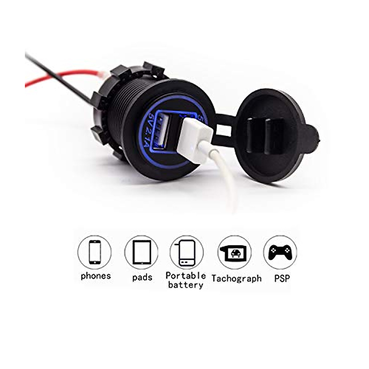 Dual USB Charger Socket Waterproof Power Outlet 12V/24V 2.1A & 2.1A for Car Boat Marine RV Mobile Blue LED
