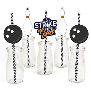 Big Dot of Happiness Strike Up the Fun - Bowling - Paper Straw Decor - Birthday Party or Baby Shower Striped Decorative Straws - Set of 24