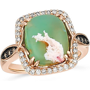 LE VIAN 4 2/3 Carat Cushion Shaped Green Aquaprase Cabochon White Topaz and Smokey Quartz Halo Statement Ring for Women in 14k Rose Gold Plated 925 Sterling Silver Promise Anniversary Ring Size 10