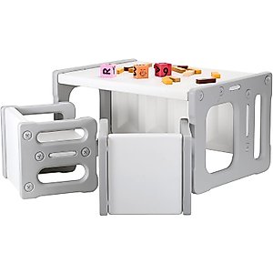 DOREROOM 4 in 1 Kids Table and 2 Chairs Set with Storage, Toddler Table and Chair Set for Kids Ages 3-10, Graffiti & Building Blocks Double-Sided Tabletop (Gray, 2 Chairs)