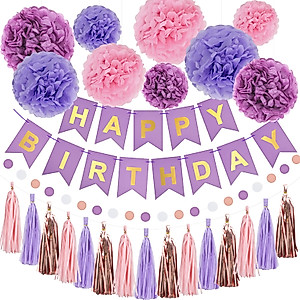 RUBFAC Purple Pink Birthday Party Decorations Set with Happy Birthday Banner, Tissue Paper Pompoms, Tassel Garland, and Circle Dots Garland Purple Birthday Decorations for Women Girls