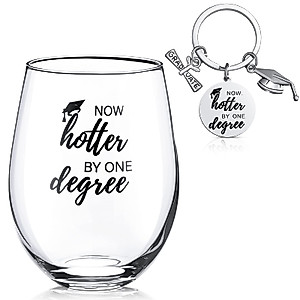 2024 Graduation Wine Glass Gift Set, Including Now Hotter by One Degree 15 oz Stemless Wine Glass and Funny Graduation Keychain Congratulation Gift for Him College High School Graduates Masters Her