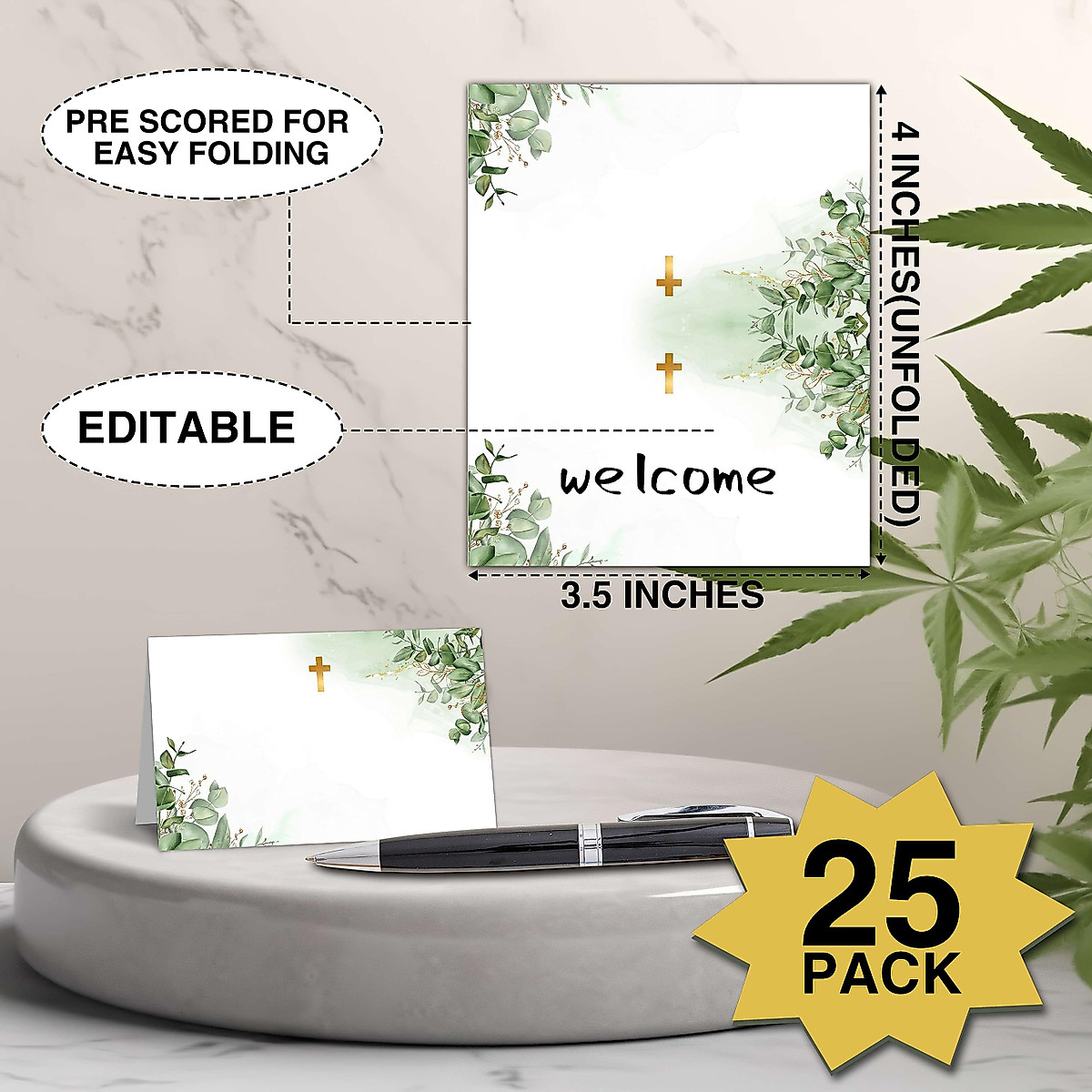 Eucalyptus Baptism Place Cards, Table Place Card for First Holy Communion Religious Party/Christening Naming Ceremony, Gold Foil Tent Name Place Cards for Table Setting, 25 Pack(A03)