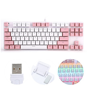 ASHATA Mechanical Keyboard 87 Keys, Cute USB Gaming Keyboard, Small Backlight Keyboard, Blue Switch Mixed Light Mechanical Keyboard for PC Laptop Desktop (Pink White)