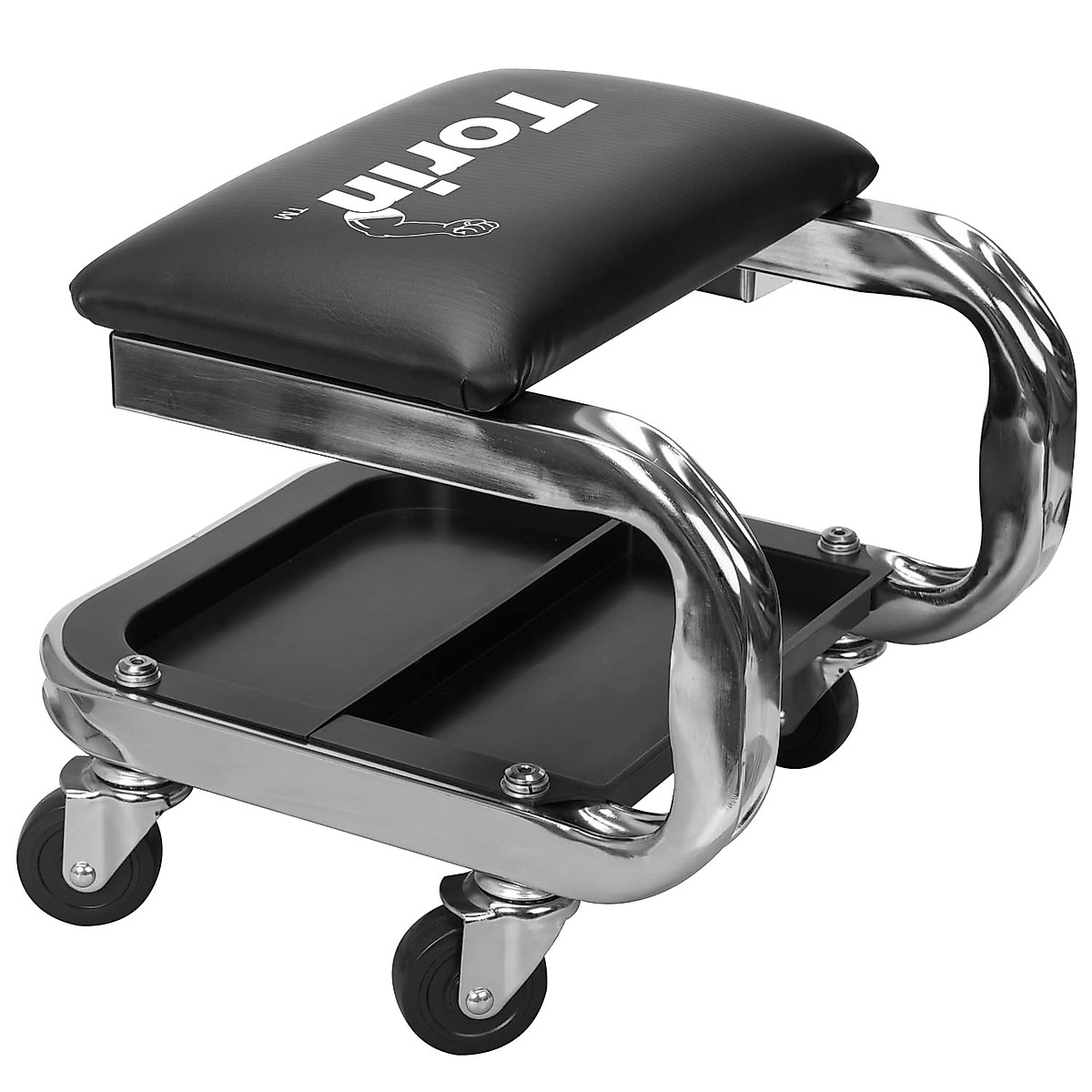 AR7451B Torin Heavy Duty Rolling Creeper Garage/Shop Seat: Padded Mechanic Stool with Tool Tray Storage and Cup Holder, Black