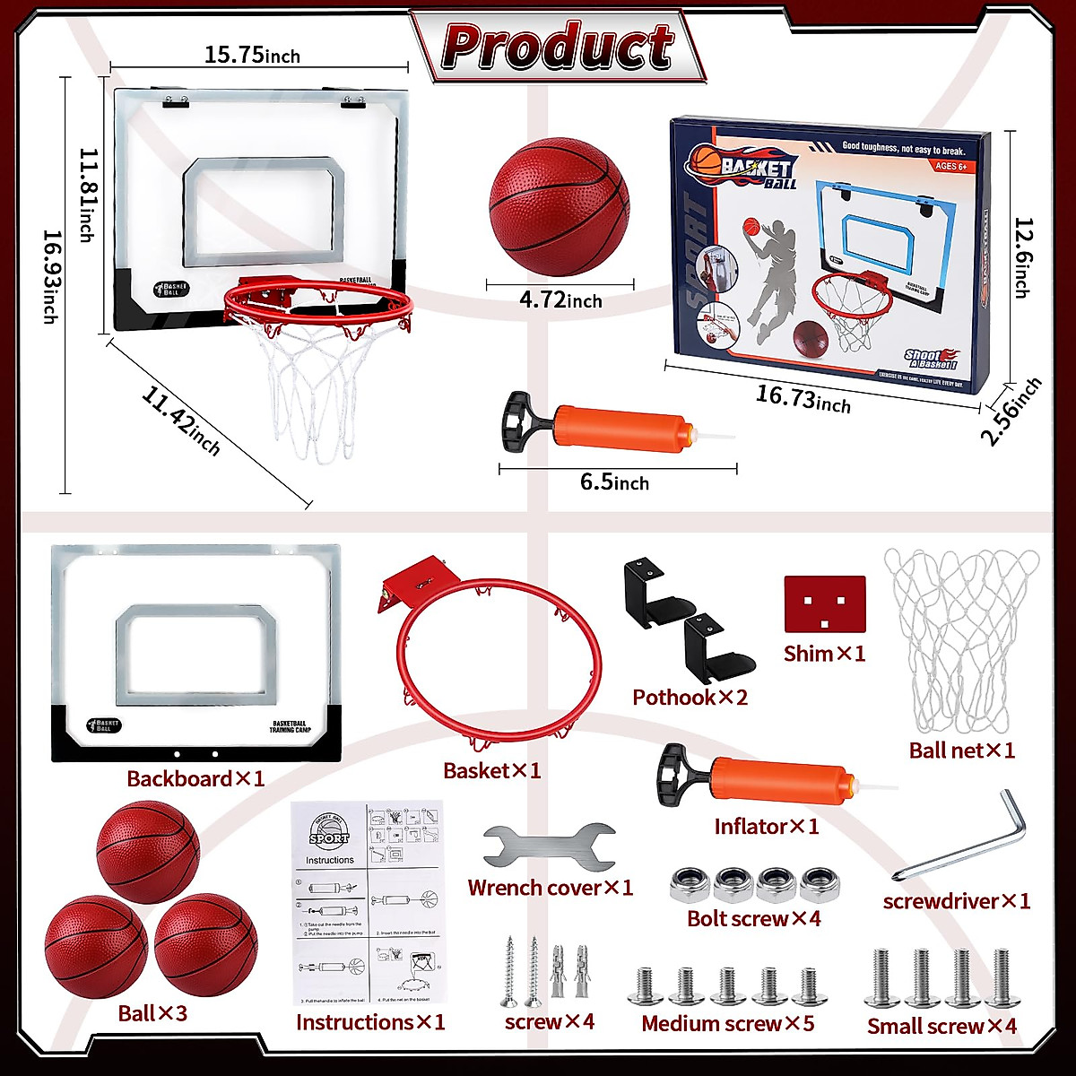 Amy&Benton Mini Basketball Hoop Indoor for Kids Small Basketball Goal Over The Door Nerf Basketball Hoop Dunking Proof on Wall for Room Bedroom Office