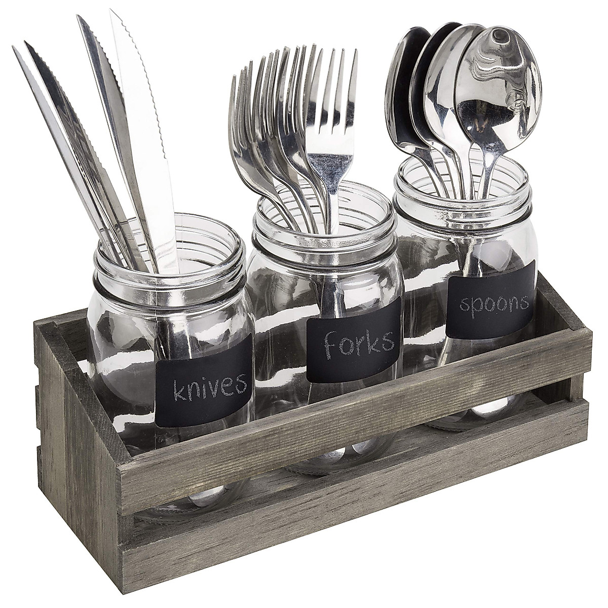 MyGift Gray Solid Wood Kitchen Countertop Flatware Utensil Holder, Casual Dining Flatware Caddy with 3 Mason Jars and Chalkboard Labels