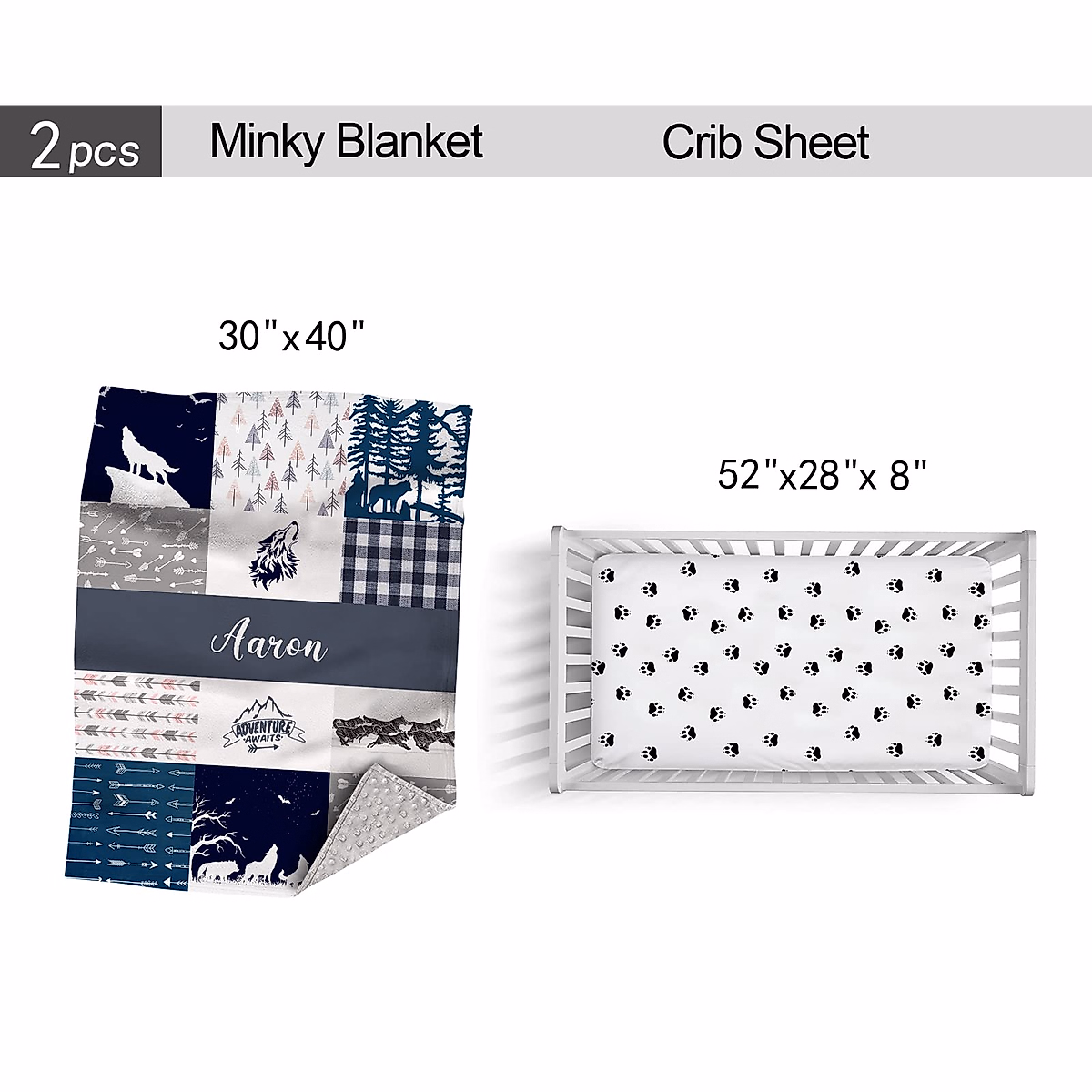 Personalized Crib Bedding Set for Boys, Custom Baby Crib Sets with Name, Wolf Theme Nursery Bedding, 2 Piece Baby Crib Sets, Wolf Pack Baby Plaid Comforter, Crib Fitted Sheet for Baby Boys Girls