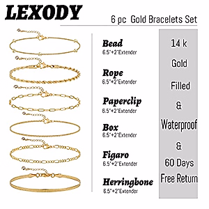 LEXODY Gold Bracelets for Women 14K Gold Herringbone Bracelets Sets Dainty Herringbone Jewelry Stackable Figaro Chain Paperclip Link Chain Cute Anklet Bracelet Pack Gifts for Women Girls