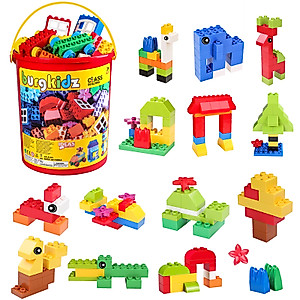 burgkidz Big Building Block Set - 214 Pieces Toddler Educational Toy Classic Large Size Building Block Bricks - 13 Fun Shapes and Storage Bucket - Compatible with All Major Bulk Bricks Set