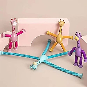 nIIANG 4 Pcs Telescopic Suction Cup Giraffe Toy, Shape-Changing Giraffe Telescopic Tube Cartoon Toys, Stretch Novel Giraffe Toys, Educational Stress Relief Giraffe Toys for Kids (Without Light)