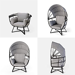 Crestlive Products Egg Chair, All Weather Aluminum Lounge Chair with Folding Canopy, Outdoor Indoor Chair with Cushion & Sun Shade Cover for Patio Living Room, 265lb Capacity (Black & Grey)