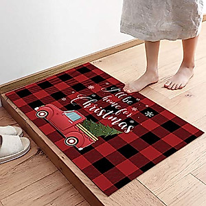 Christmas Kitchen Mat Set of 2, Red Truck Non-Slip Floor Mat Set, Red Buffalo Plaid Xmas Tree Kitchen Rug Runner for Bathroom Living Room, Microfiber Doormat Washable Carpets Holiday Rugs