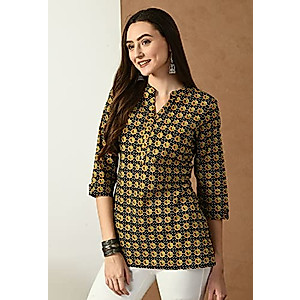 Lagi Women Straight Mandarin Collar 3/4 Sleeves Printed Short Cotton Kurti, Black & Mustard (XS)